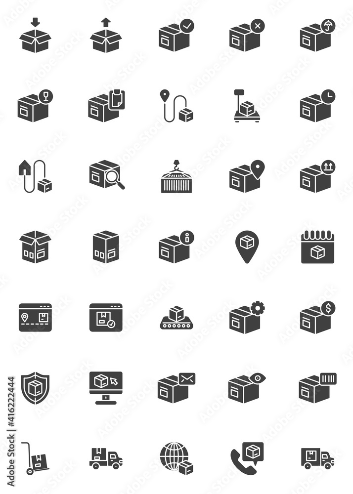 Delivery, logistics vector icons set, cargo shipping modern solid ...
