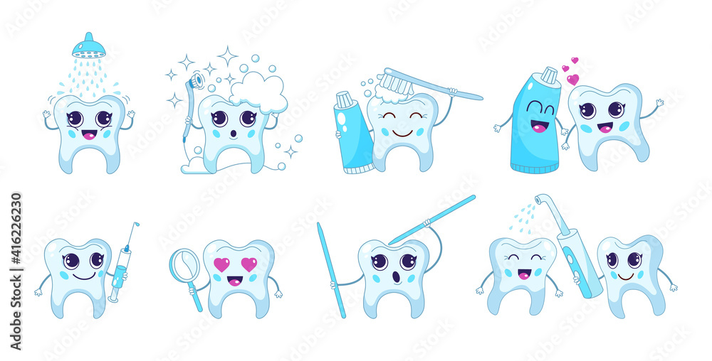 Сute cartoon tooth. Dental care. Teeth characters with toothbrush and ...