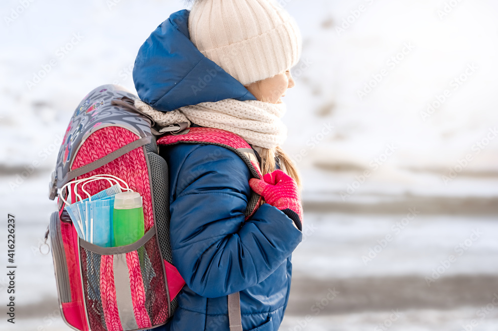 Pink backpack with hand sanitizer (hand rub) and medical face shield ...