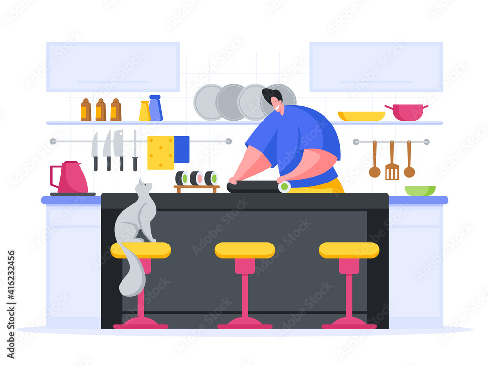 Chef makes sushi rolls cartoon vector illustration. Male character in ...