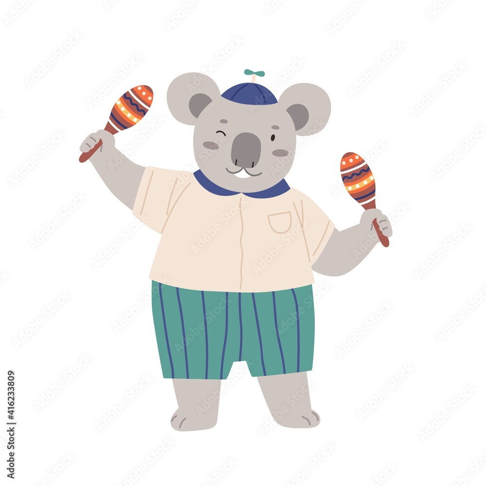 Cute animal musician playing Latin music with maracas. Happy koala ...