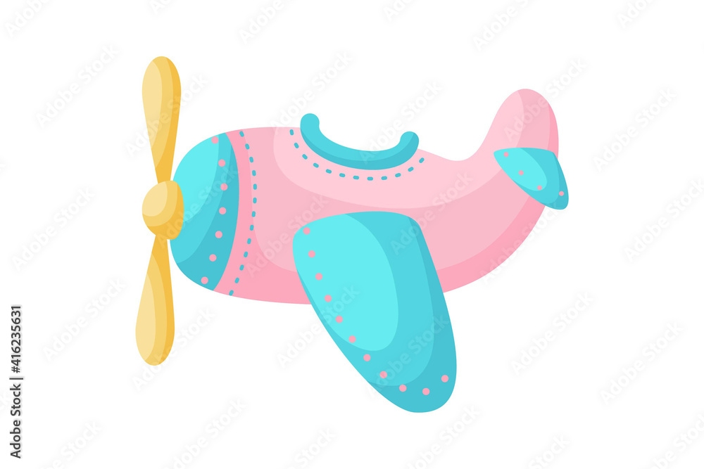 Cute pink-blue airplane on white background. Cartoon transport for kids ...