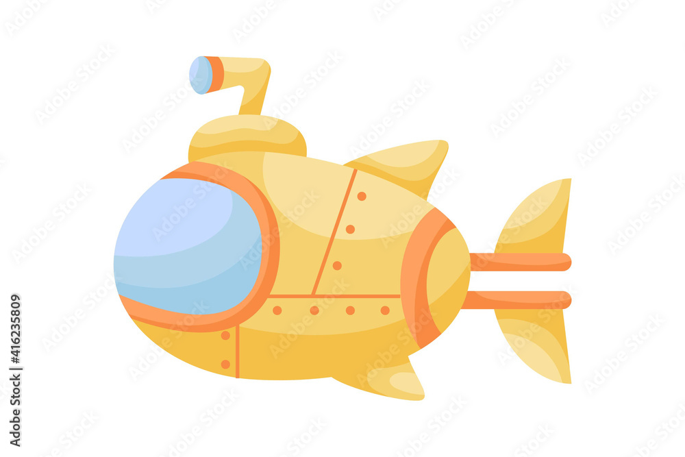 Cute yellow submarine with periscope on white background. Cartoon ...