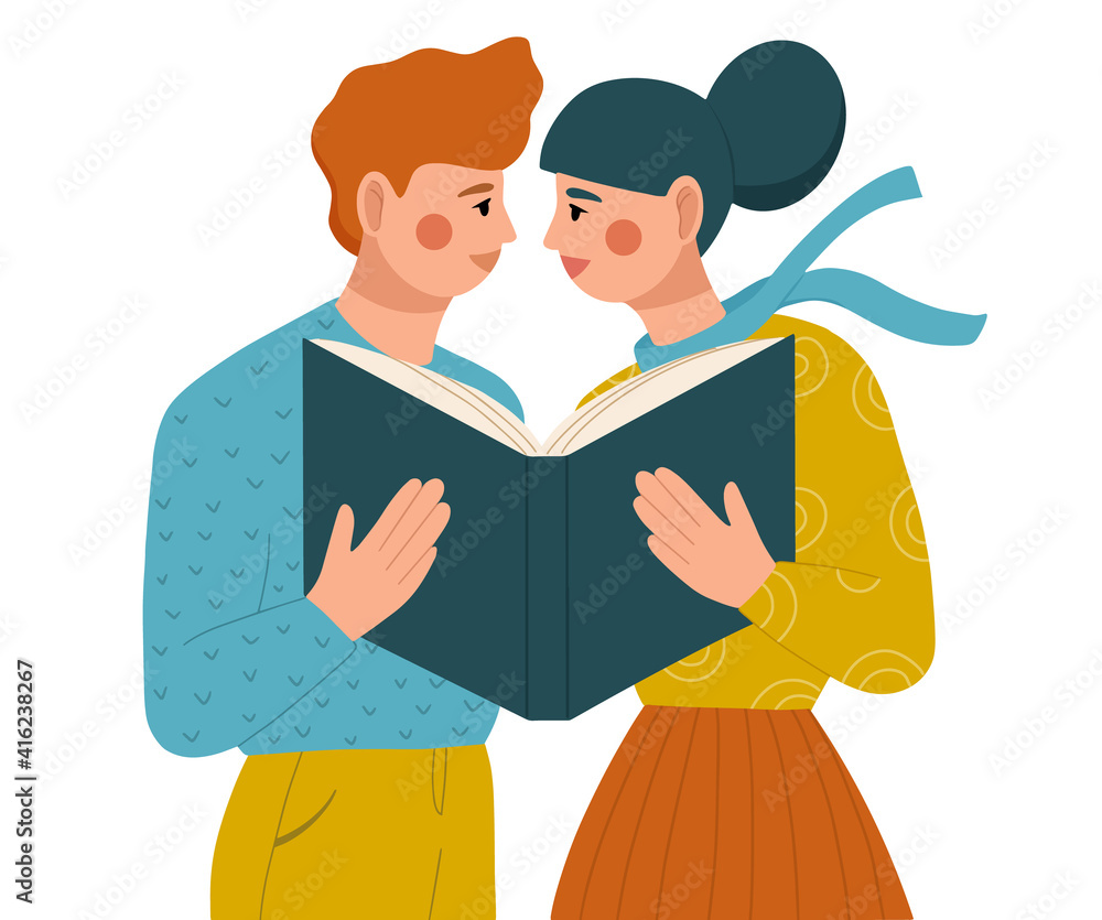 Young couple reading book together. Book lovers, fans of literature ...