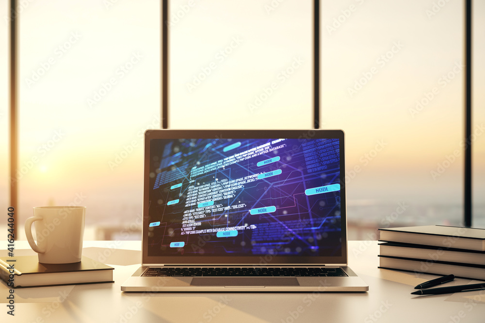 Modern computer display with abstract programming language hologram, artificial intelligence and ...