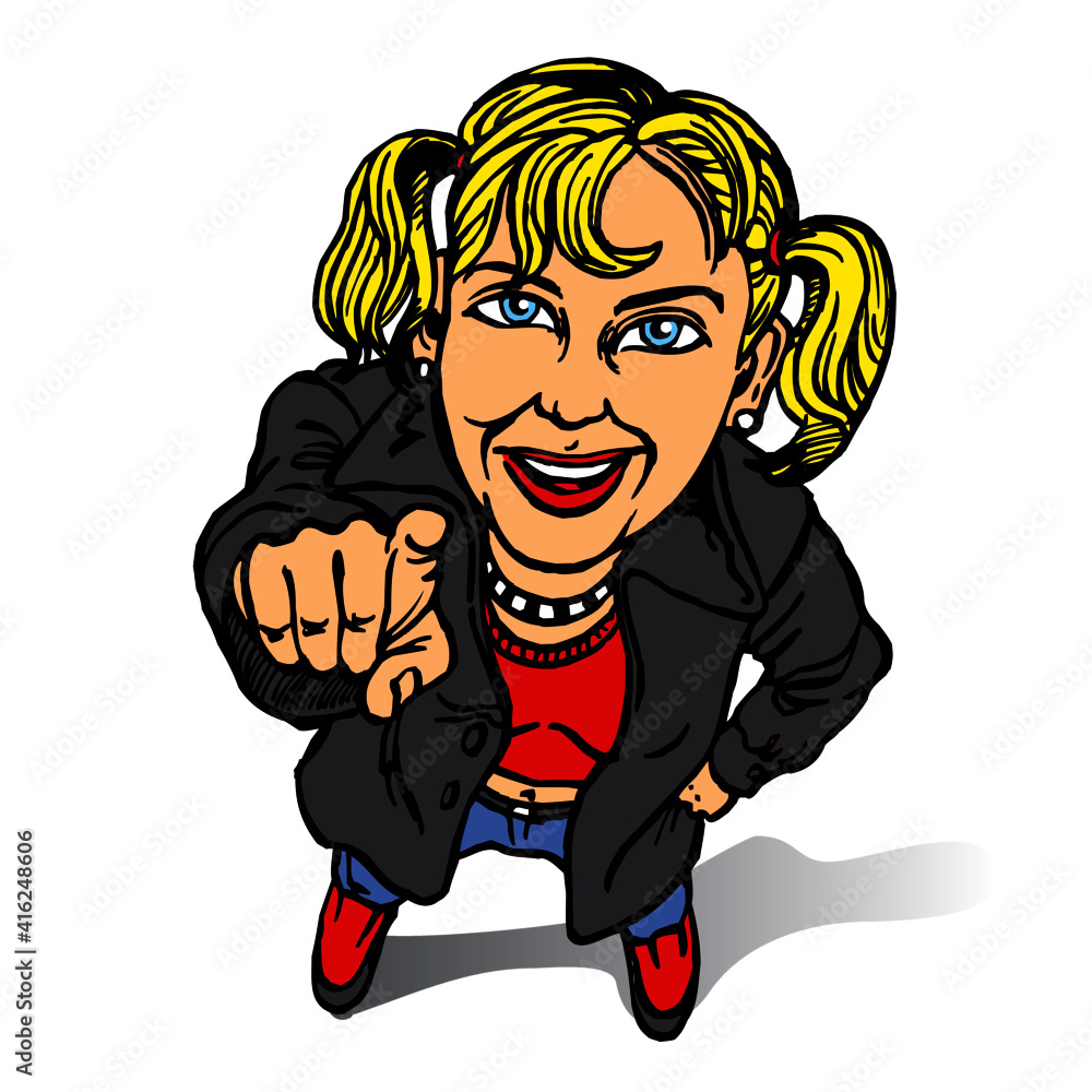 Rocker girl with blond ponies in black leather jacket laughs and points ...