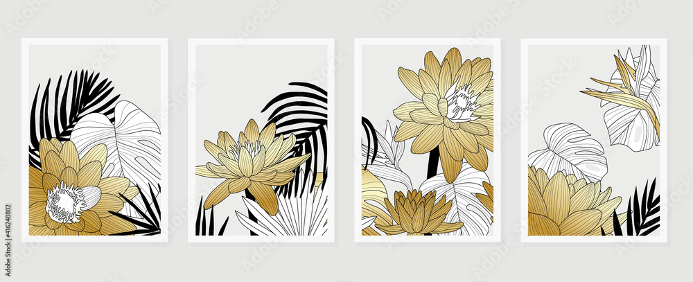 Luxury cover design template. Lotus line arts hand draw gold lotus ...