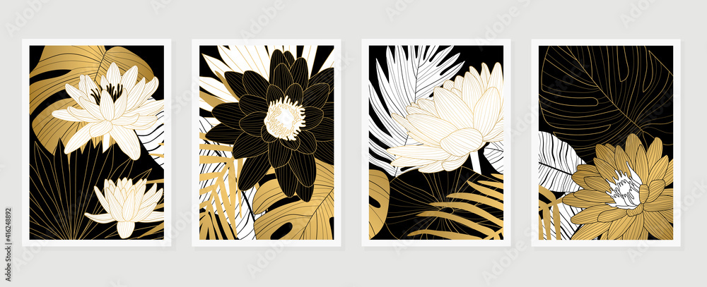 Luxury cover design template. Lotus line arts hand draw gold lotus ...