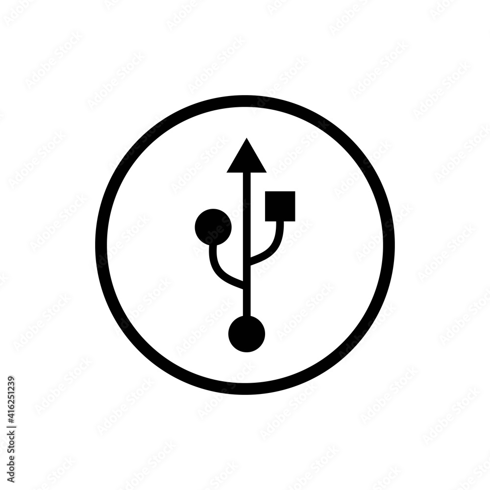 USB in a circle linear icon in black. Usb illustration. Flat style ...