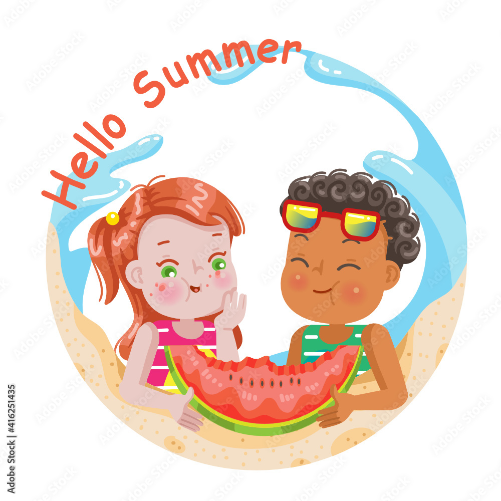 Kids eating watermelon. Hello summer logo circle. Hello summer for ...