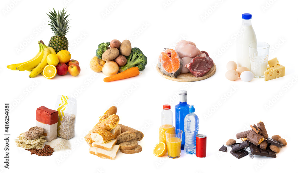 Different food and groceries items grouped by categories, isolated on ...