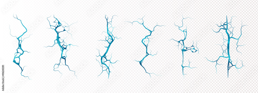 Ground cracks with frozen water inside top view, cracking holes, winter ...