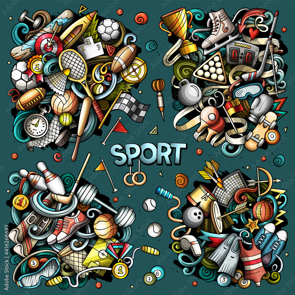 Sports cartoon vector doodle designs set. Stock Vector | Adobe Stock