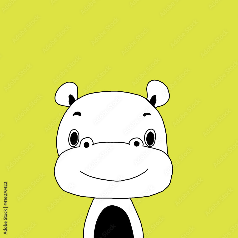 mini series of hand drawing hippo animals on lemon green background ...