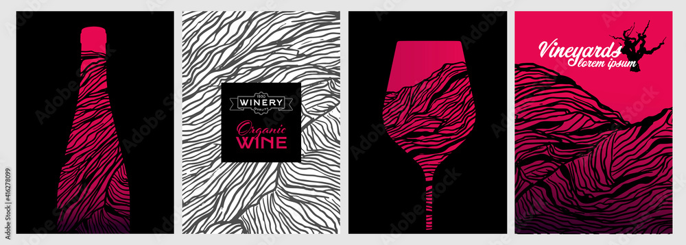 Set of design templates with wine glass and bottle illustration ...