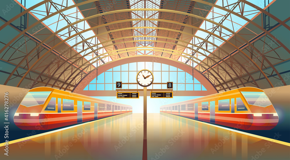 Railway station platform with trains and a clock. Cartoon vector ...