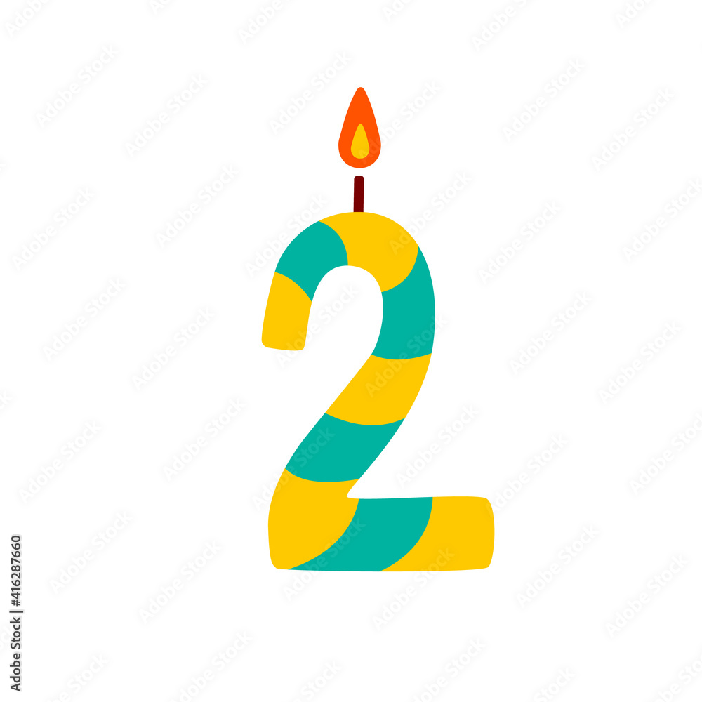 Vector candle in the form of the number two for the cake. Hand drawing ...