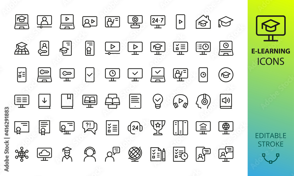 E-learning and Online Education icons set. Set of webinar, video lesson ...