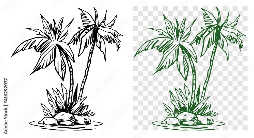 Palm tree island on the sea. Hand drawn black outline on transparent ...
