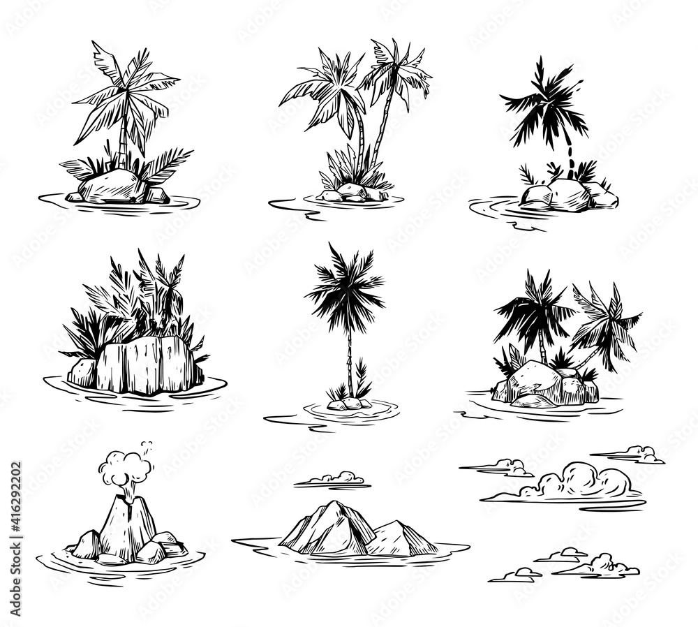 Palm tree island on the sea. Hand drawn black outline on transparent ...