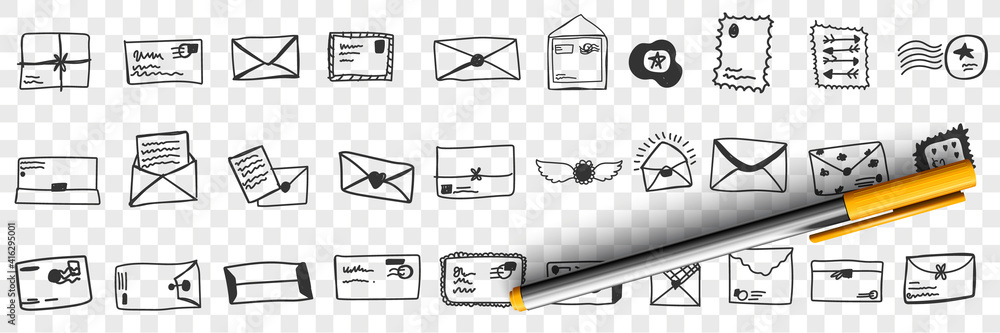 Envelopes with letters doodle set. Collection of hand drawn envelopes ...