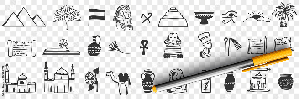 Sightseeings of Egypt doodle set. Collection of hand drawn egyptian ...