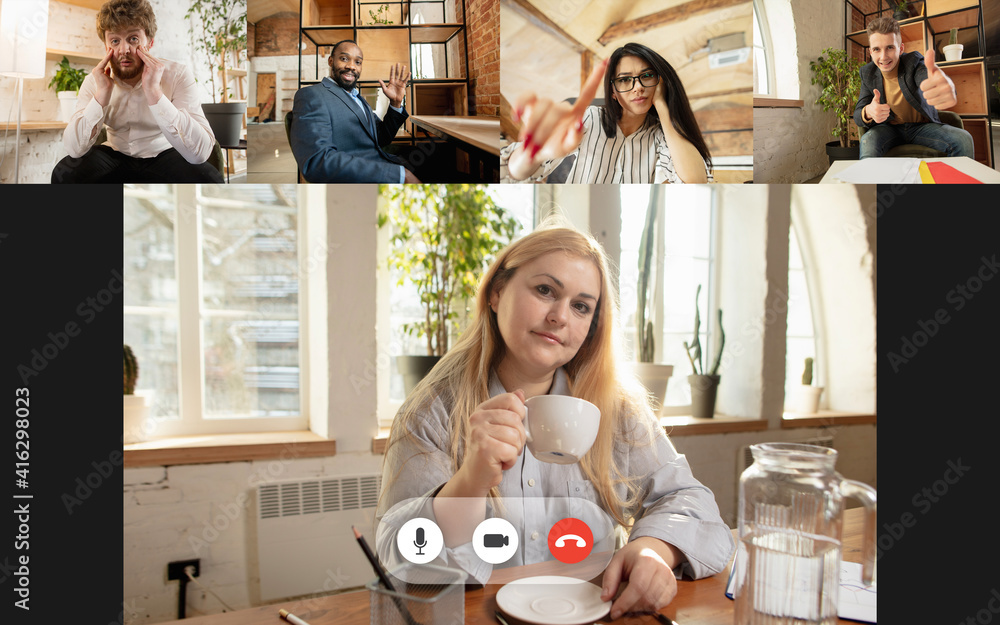 Team working by group video call share ideas brainstorming use video ...