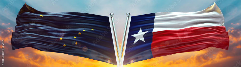Alaska flag and Texas flag States of America waving with texture sky ...