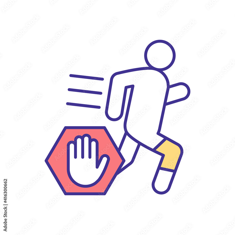 Running with bad knee RGB color icon. Kneecap, ligaments damage ...