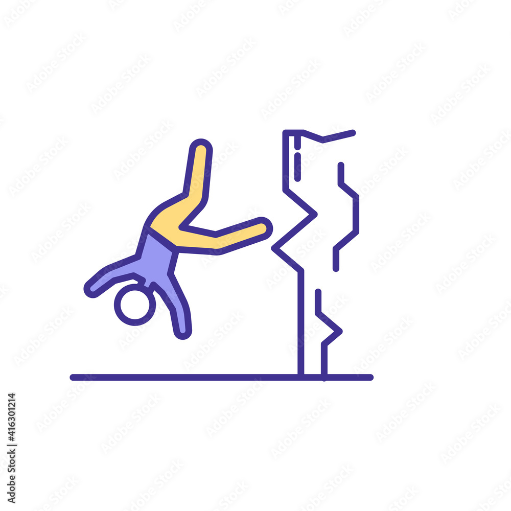 Falls from heights RGB color icon. Falling from high-rise building ...