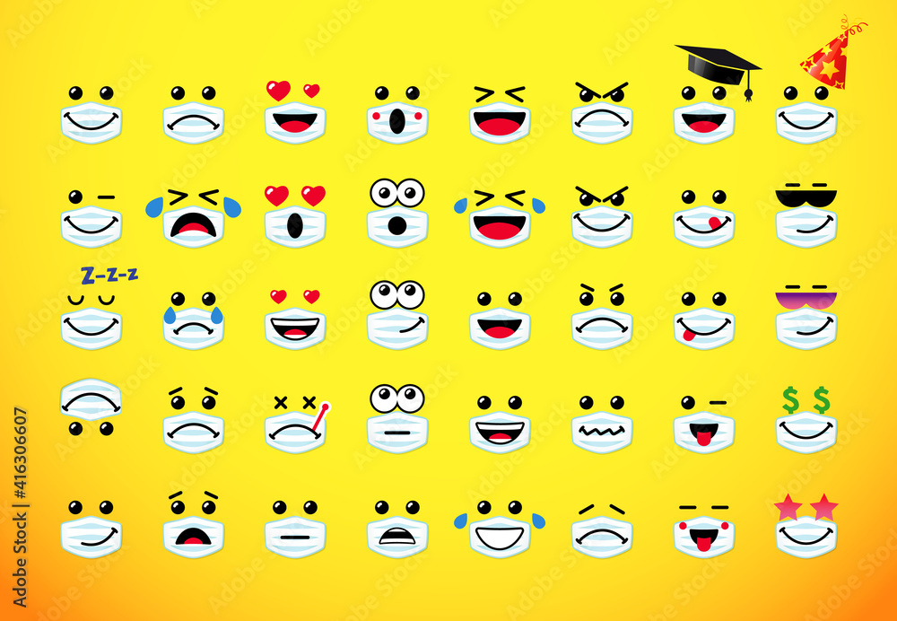 Big set of emoticon pandemic icons. Yellow background. Isolated ...
