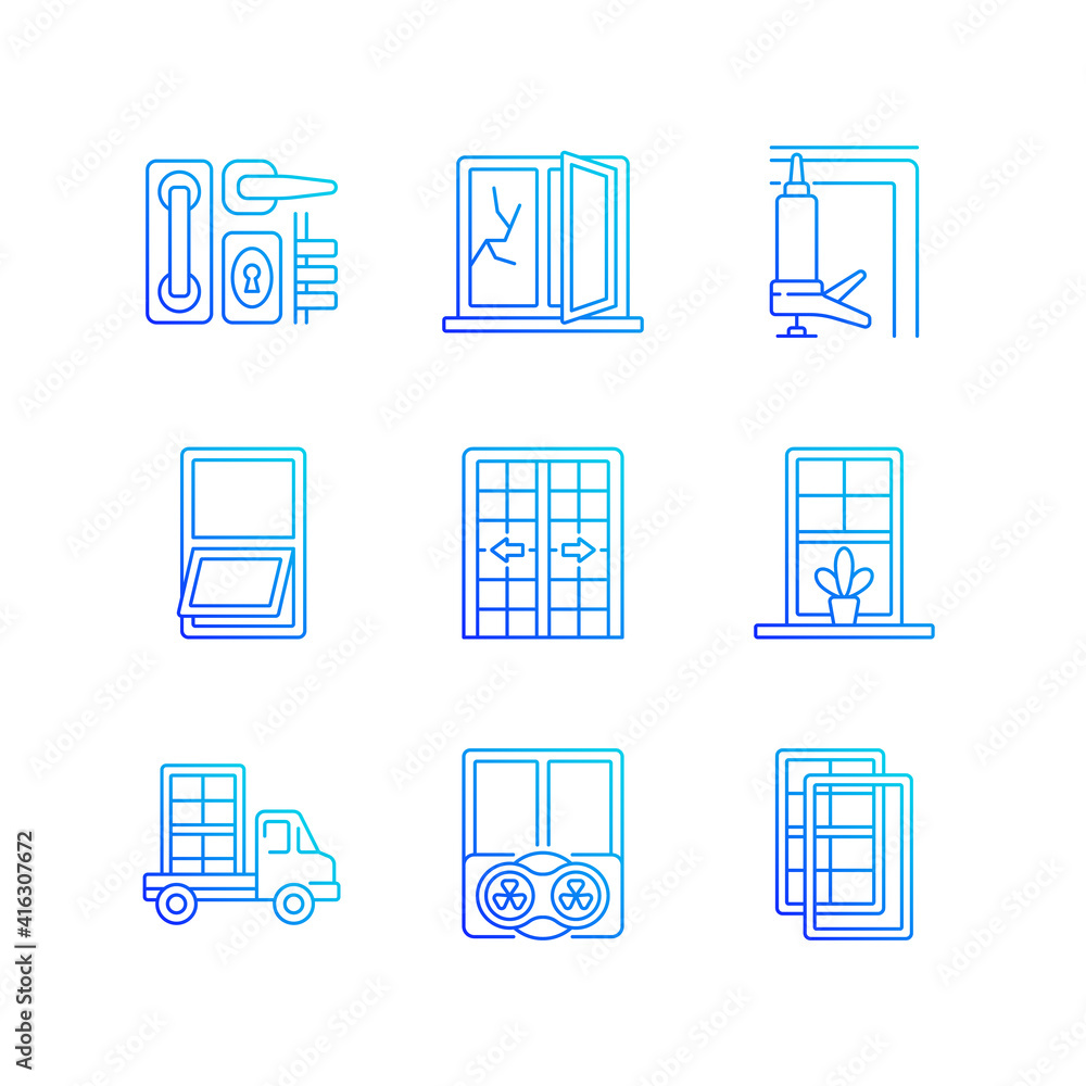 Window and door installations RGB color icons set. Locks, levers ...