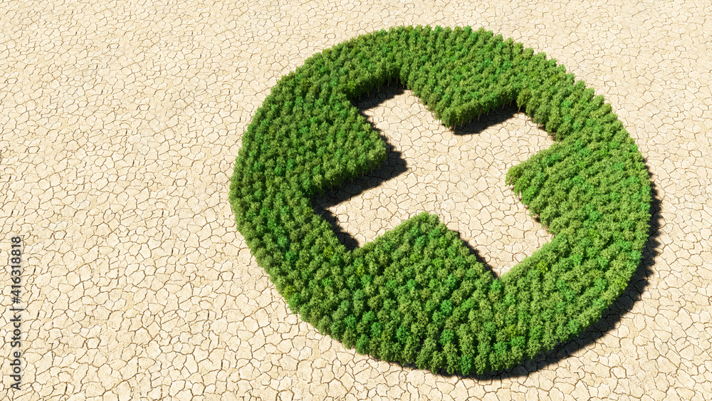 Concept or conceptual group of green forest tree on dry ground ...