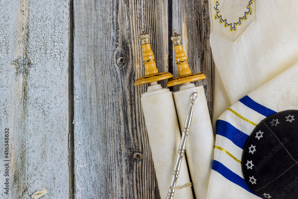 Jewish holidays, during prayer items kippa with prayer shawl tallit on ...