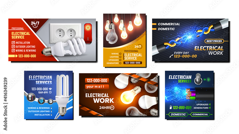 Electrical Work Promotional Posters Set Vector. Electrical Service And ...