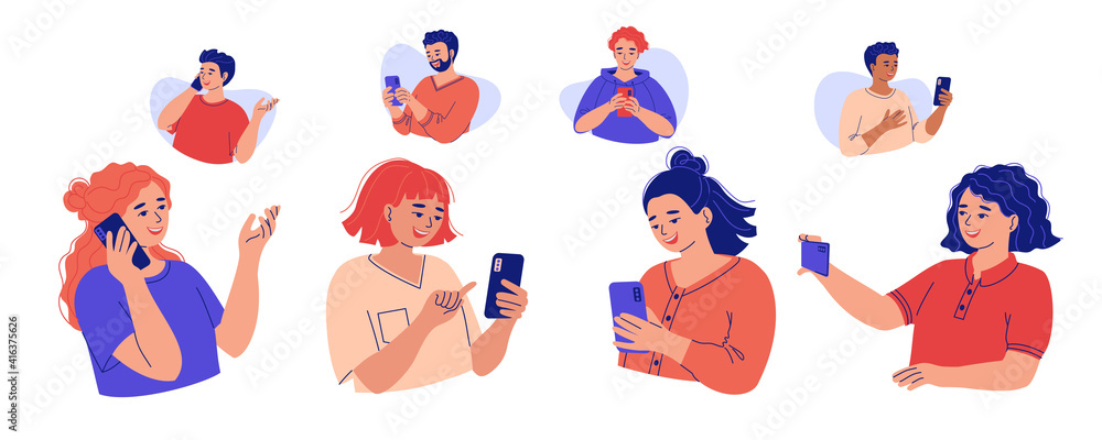 Collection of young happy smiling women using smartphones, chatting ...