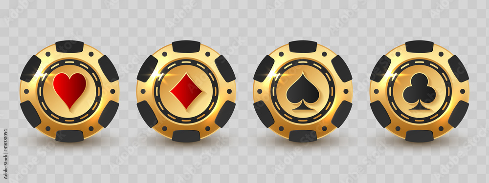 Set of gold poker chips, token with red and black suits on transparent ...