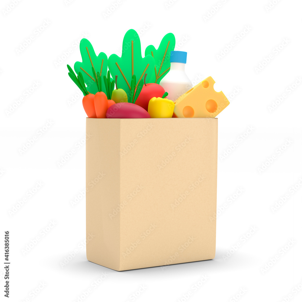 Paper bag with food in a cartoon style isolated on white. Healthy food ...