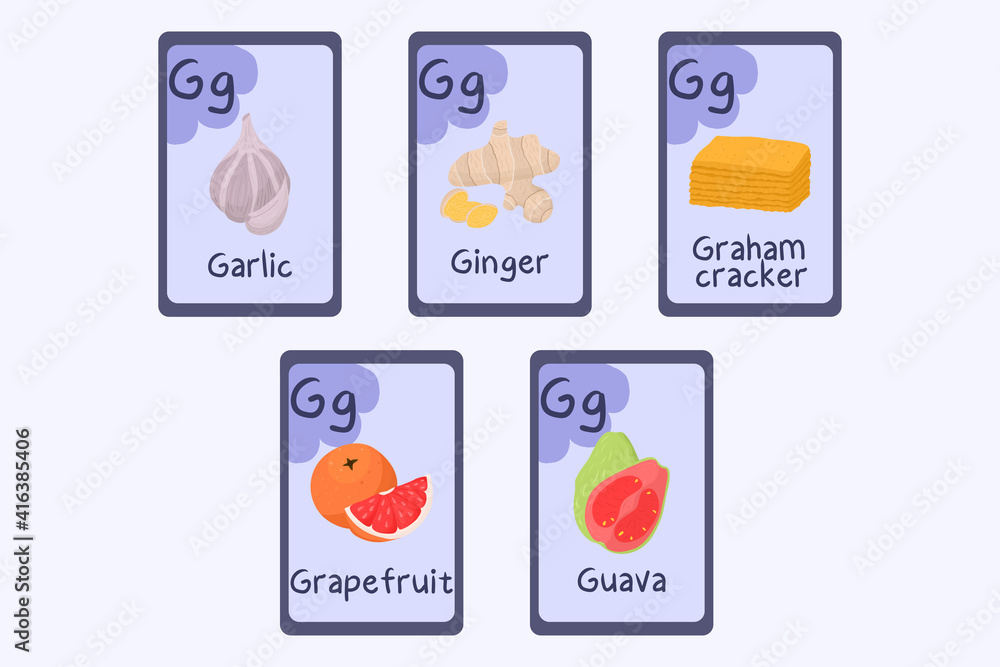 Vetor de Colorful Phonics flashcard Letter G - garlic, ginger, graham ...