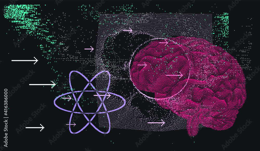 Chalkboard with drawings and schemes of atomic particles and human ...