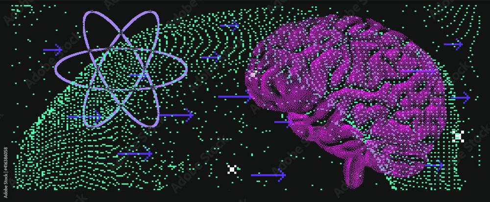 Chalkboard with drawings and schemes of atomic particles and human ...