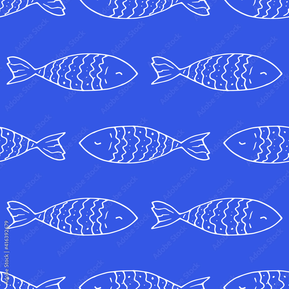 Vector seamless pattern of cute doodle fish with wavy pattern of scales ...