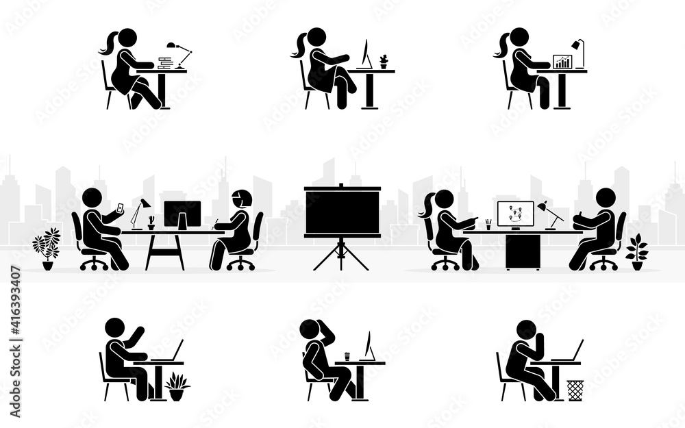 Stick figure office workers sitting at workplace side view silhouette ...