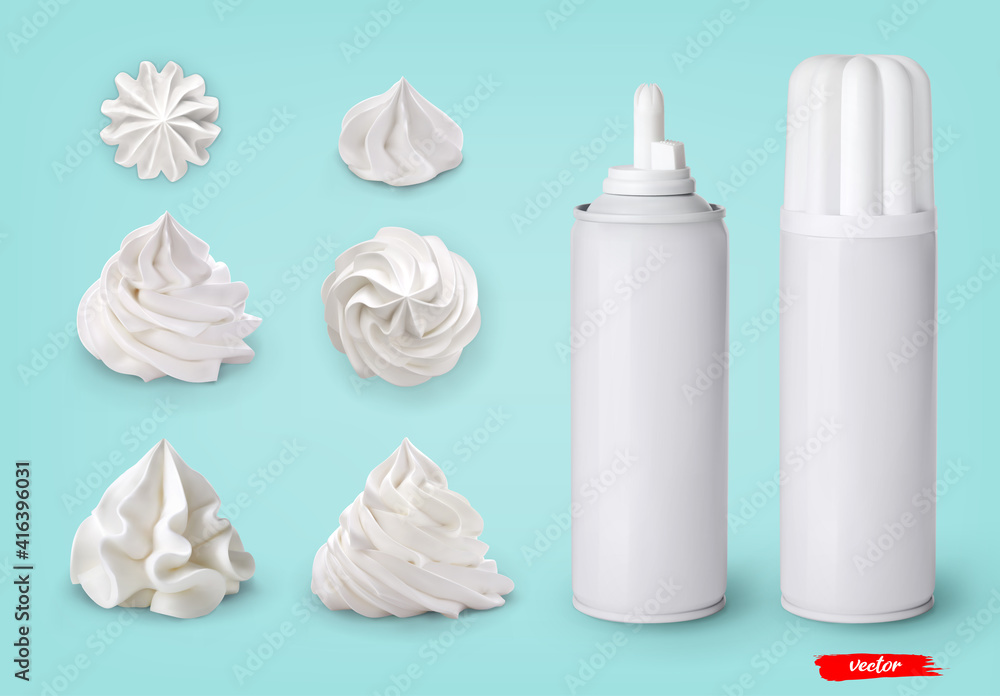 Set of whipped cream swirls and whipped cream cans on blue background ...