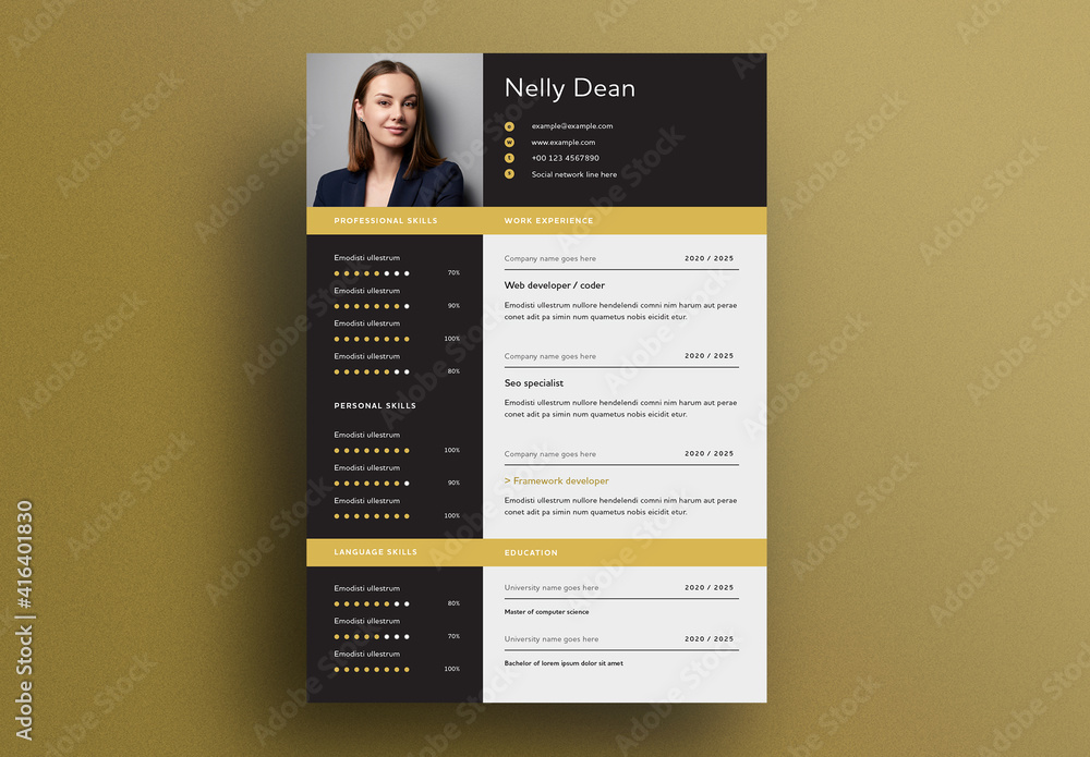 Resume Layout with Dotted Progress Chart Stock Template | Adobe Stock