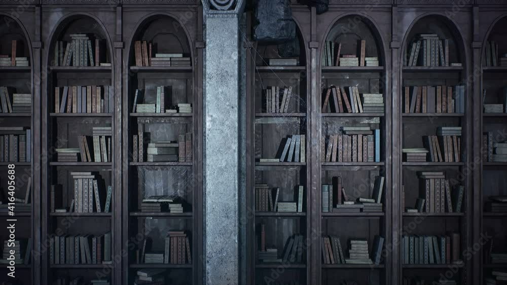 An ancient medieval library with old books and cobweb-covered ...