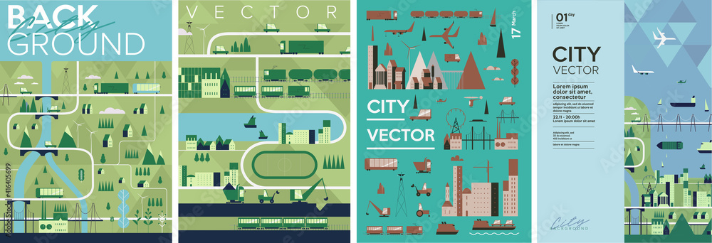 Cityscape. Set of vector illustrations. Urban landscape. Poster, Cover ...