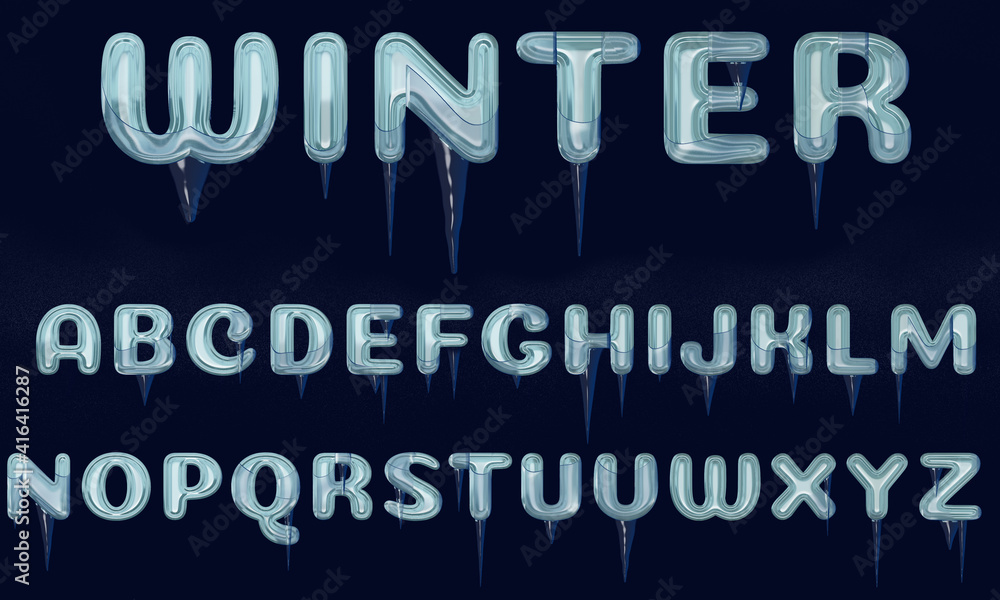 Blue glossy ice alphabet with capital letters, 3D rendering, cold ...
