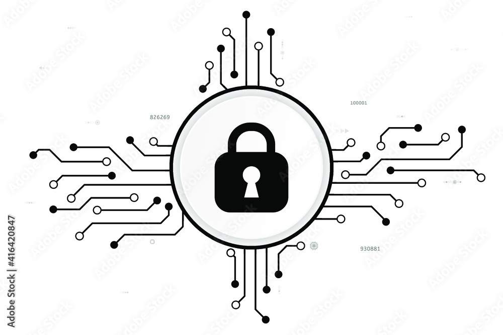 Vector black lock button with the circuit board and password on a white ...