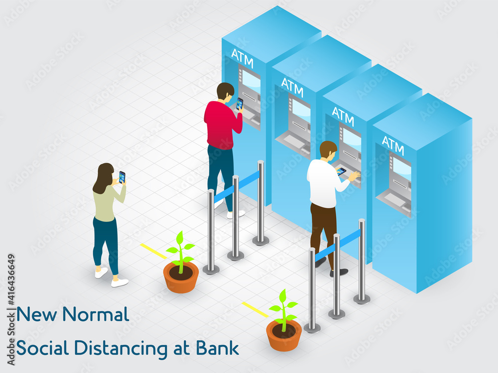 Social Distancing New Normal People Waiting to Use ATM At Bank People ...